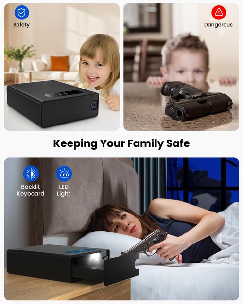EAMIRUO Single Handgun Safe Unlock with Fingerprint/Keypad/Key/Applica ...